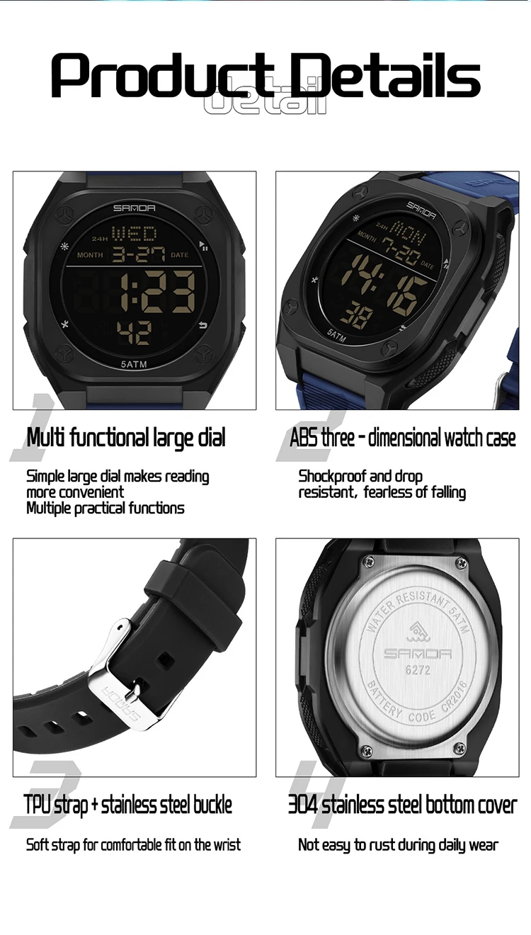 Sanda Men’s Digital Sports Watch – 50M Waterproof LED Watch with Alarm ...
