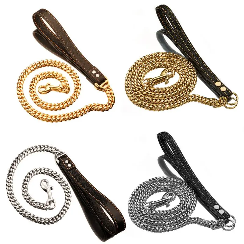 Golden-Silver-Stainless-Steel-Chain-with-Black-Leather-Dog-Leash-Cool ...