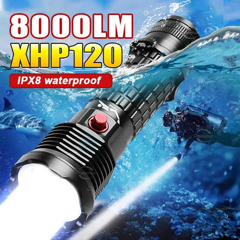 8000LM-Professional-Diving-Flashlight-XHP120-Powerful-Underwater-Torch ...