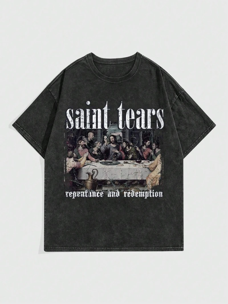 Saint-Tears-Slogan-Graphic-Washed-Cotton-T-shirt-Unisex-Men-Women-Tyson ...