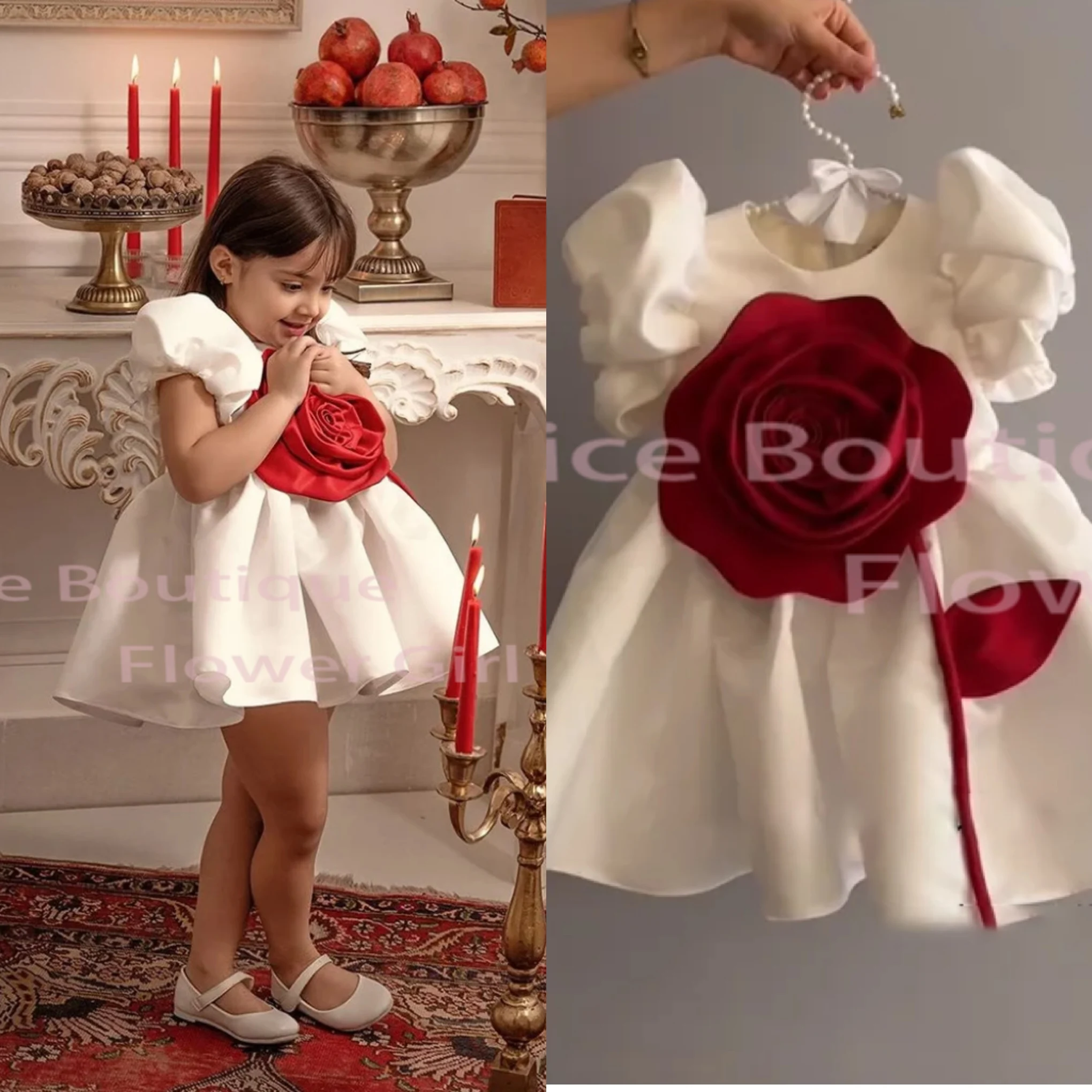 Cute Rose Applique Flower Girl Dress O-Neck Short Sleeves Mini A-Line ...