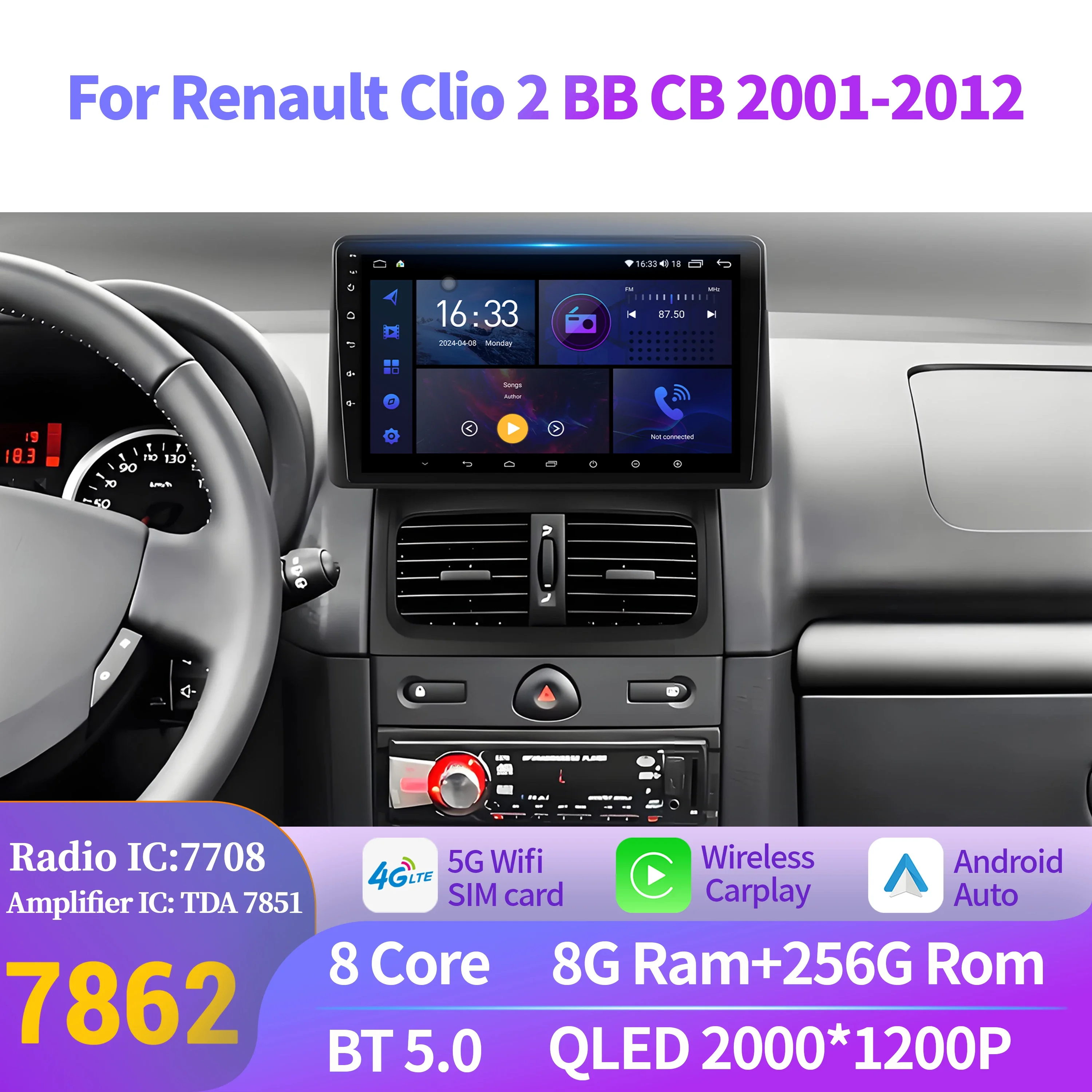 Android 14 Auto For Renault Clio 2 BB CB 2001-2012 Wireless Apple BT ...