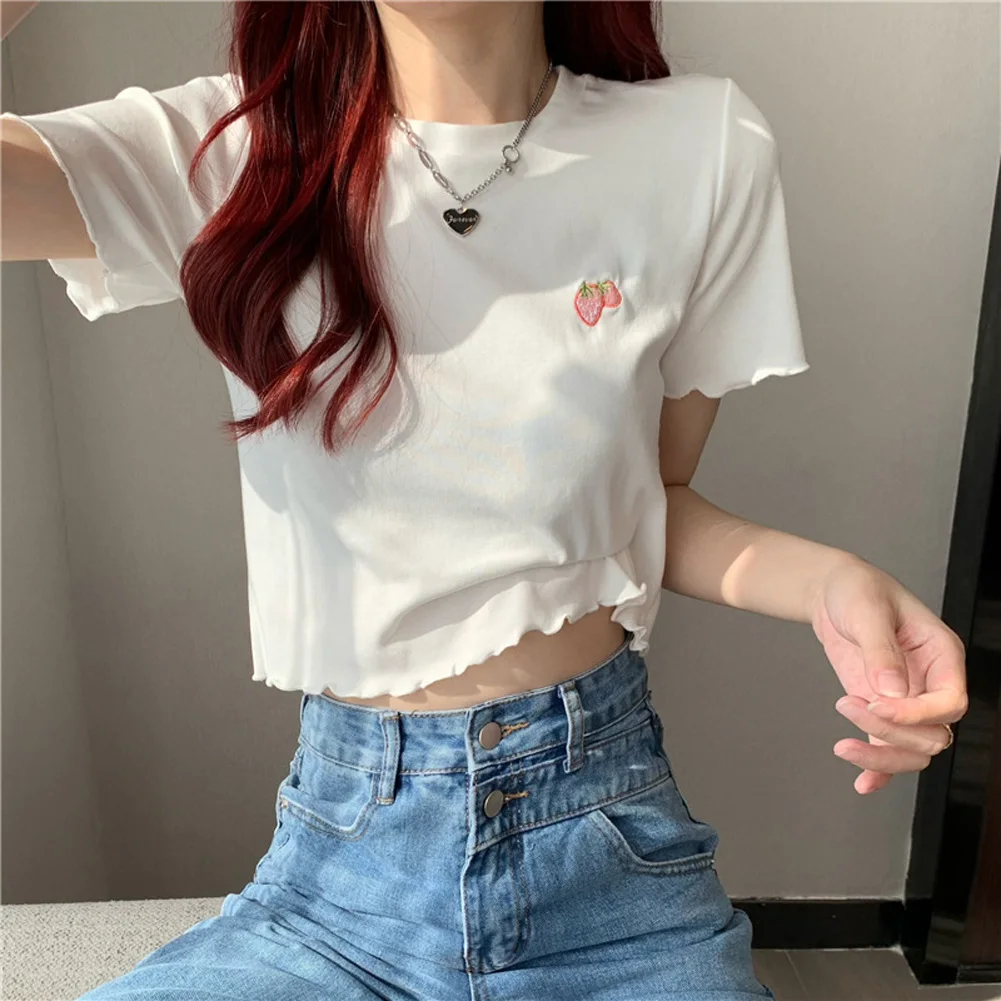 Women-Short-Sleeves-Blouse-Trendy-Round-Neck-Sweet-Embroidered-Ruffled ...