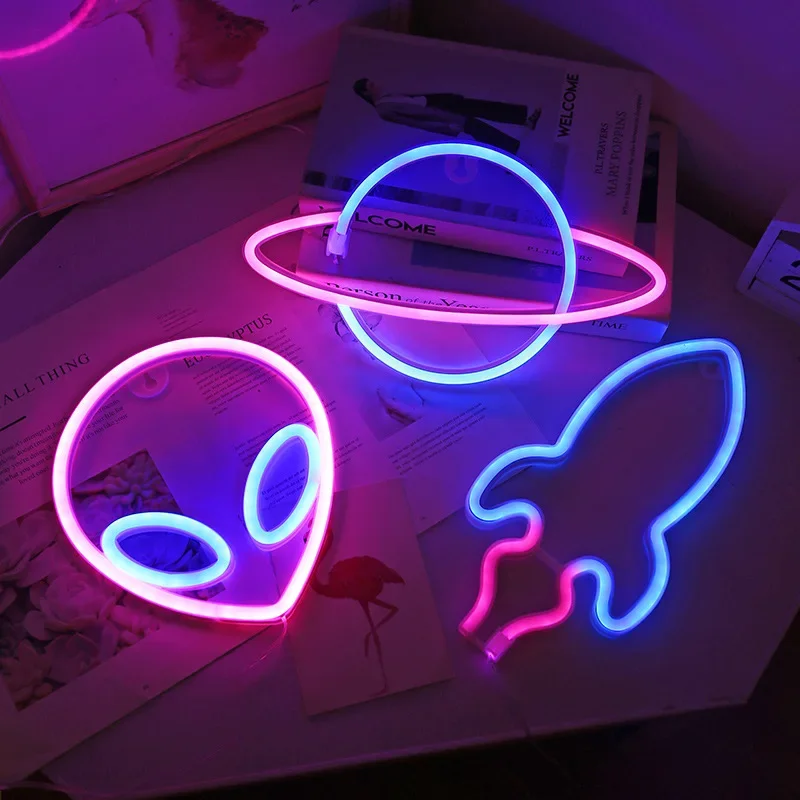 Planet LED Lights Neon Light Sign Bedroom Decor Rocket Alien Neon Night ...