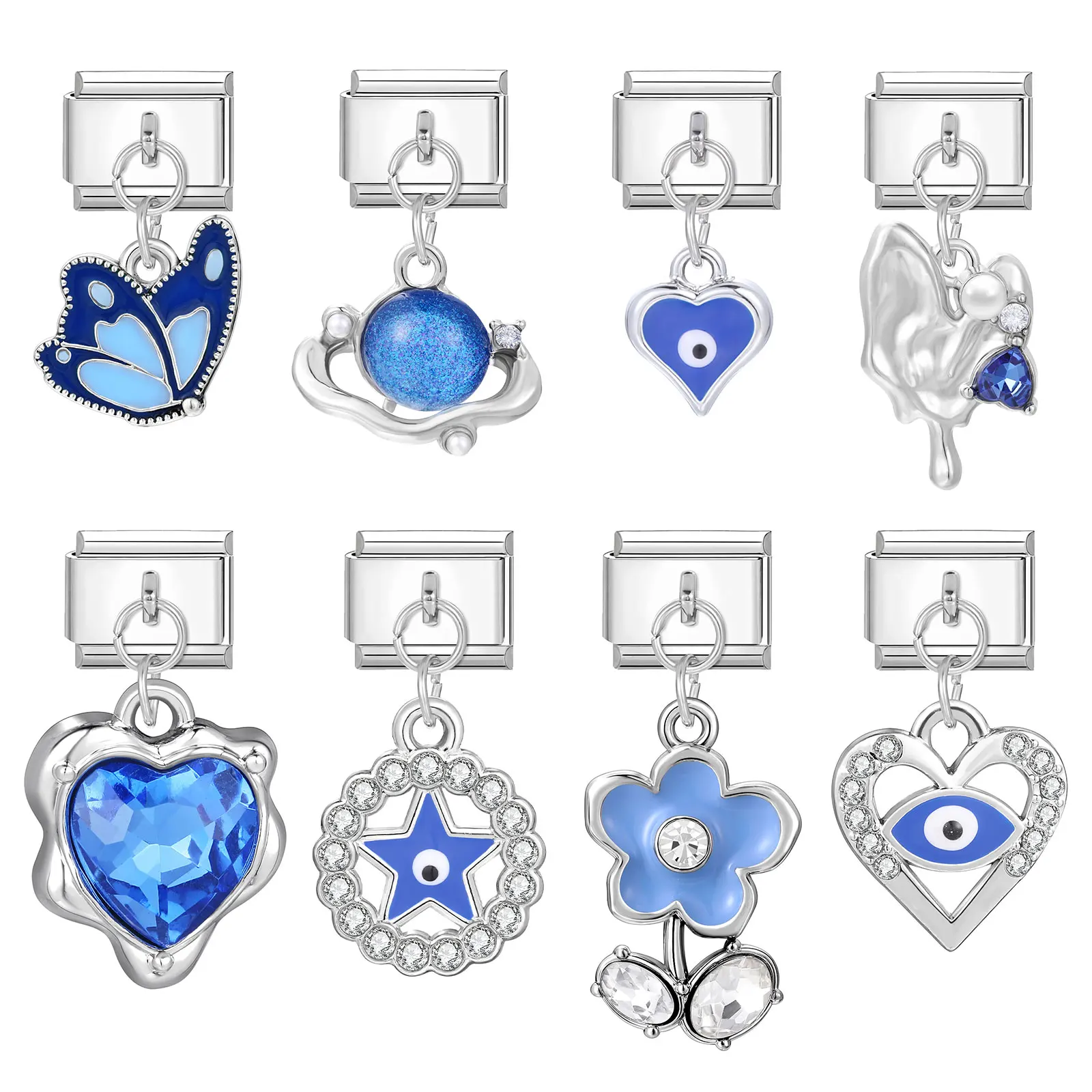 Blue Crystal Heart Devil Eyes Flower Butterfly Italian Charm Links Fit ...