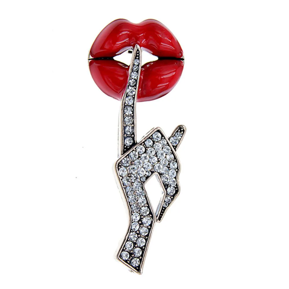 CINDY-XIANG-Be-Quiet-Gesture-broche-Rhinestone-Hand-Red-Lip-Pin-joyer-a ...