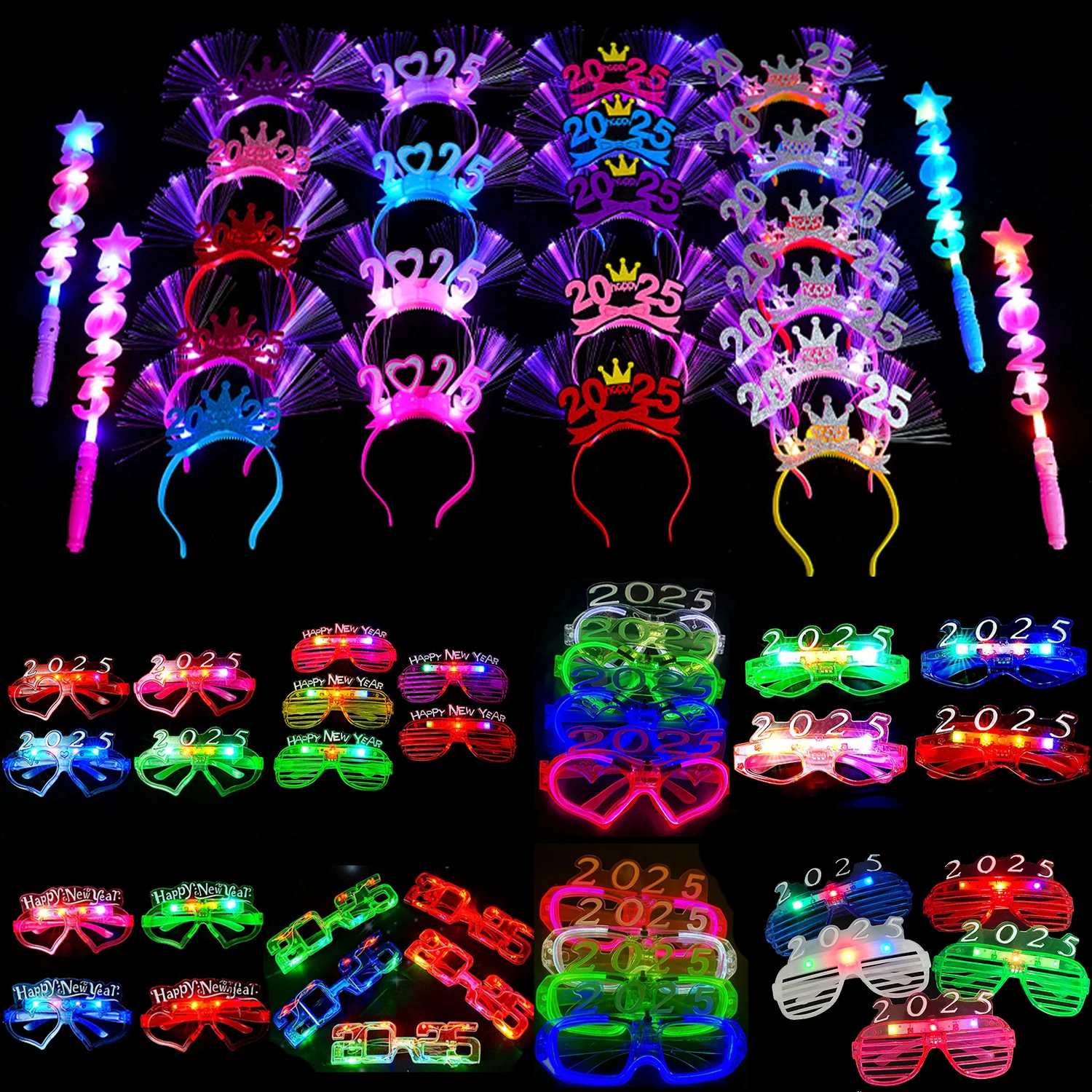 2025-Happy-New-Year-LED-Light-Up-Headband-Glowing-Glasses-Flashing ...