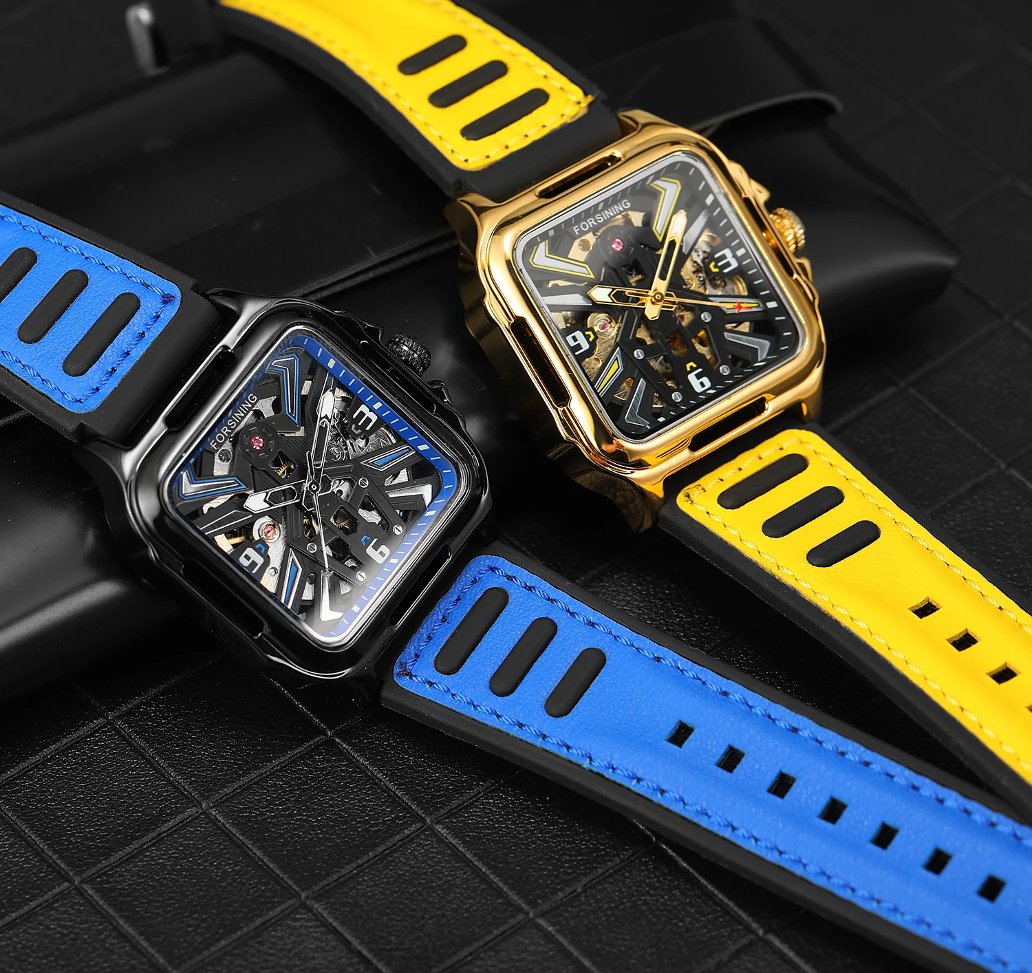 Forsining-New-Style-Blue-Square-Skeleton-Mechanical-Men-Watch-Automatic ...
