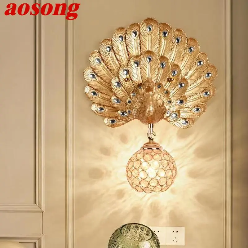 AOSONG-Contemporary-Resin-Peacock-Wall-Light-LED-Gold-Creative-Crystal ...
