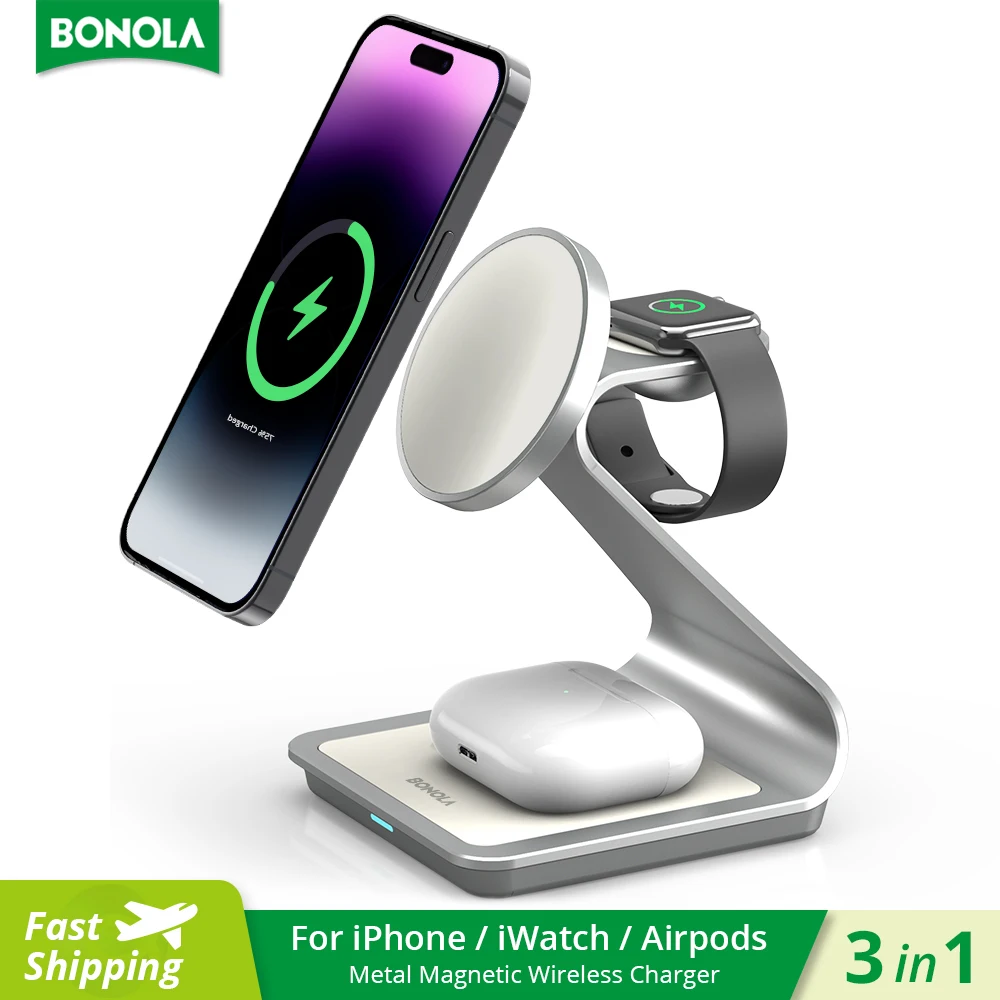 Bonola Magnetic 3 in 1 Wireless Charger for iPhone 15/13/14 Pro Max/12 ...