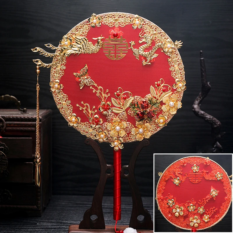 Double-Sided-Chinese-Fan-Antique-Style-Red-Fan-Round-Hand-Fan-Wedding ...
