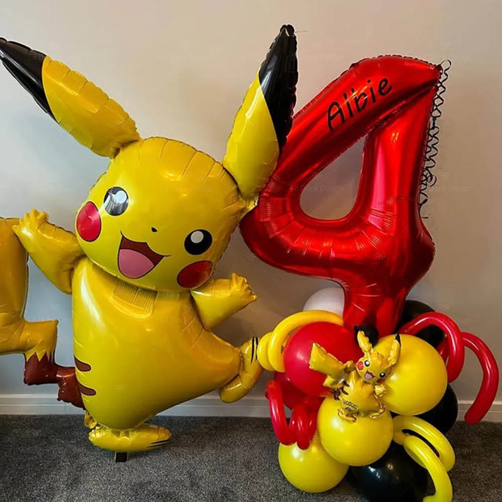 1set Cartoon Pokemon Pikachu Theme Foil Balloons Red Black Number ...
