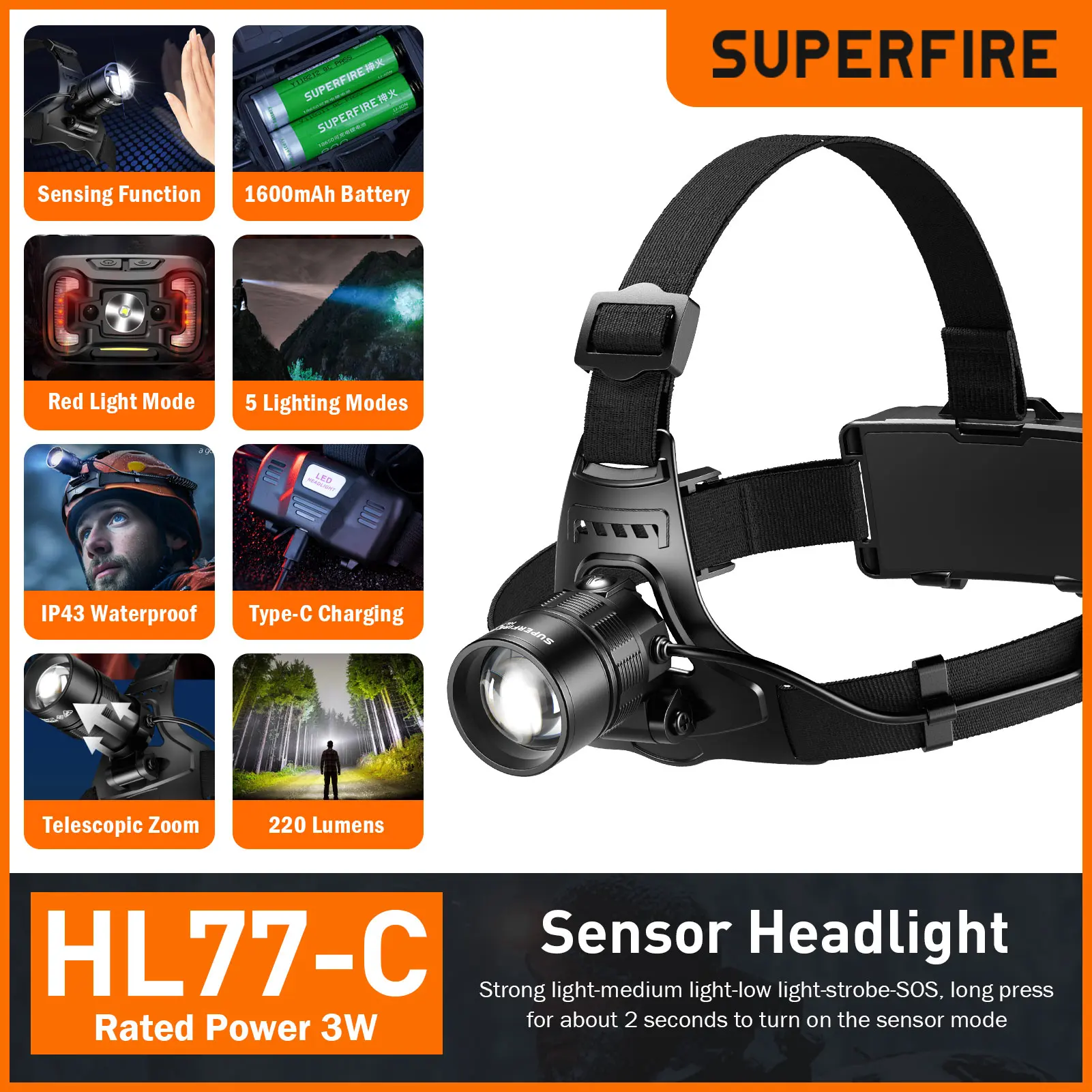 SUPERFIRE HL77-C Headlamp USB Rechargeable 18650 Head Torch Flashlight ...