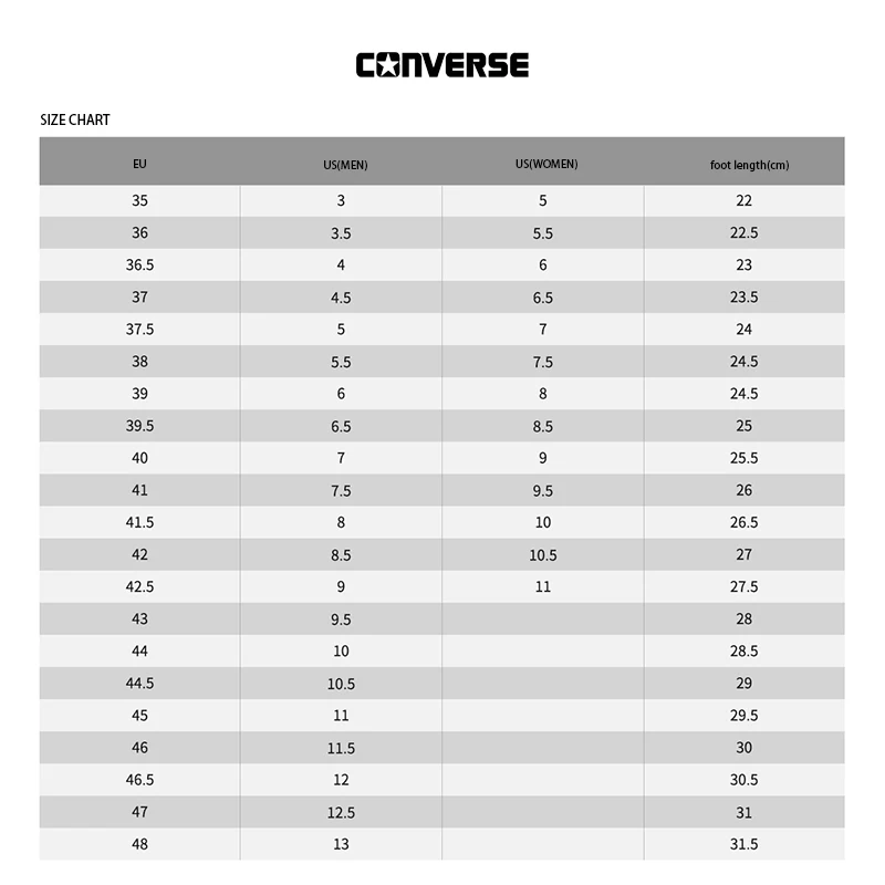 Converse Sneakers Size Chart