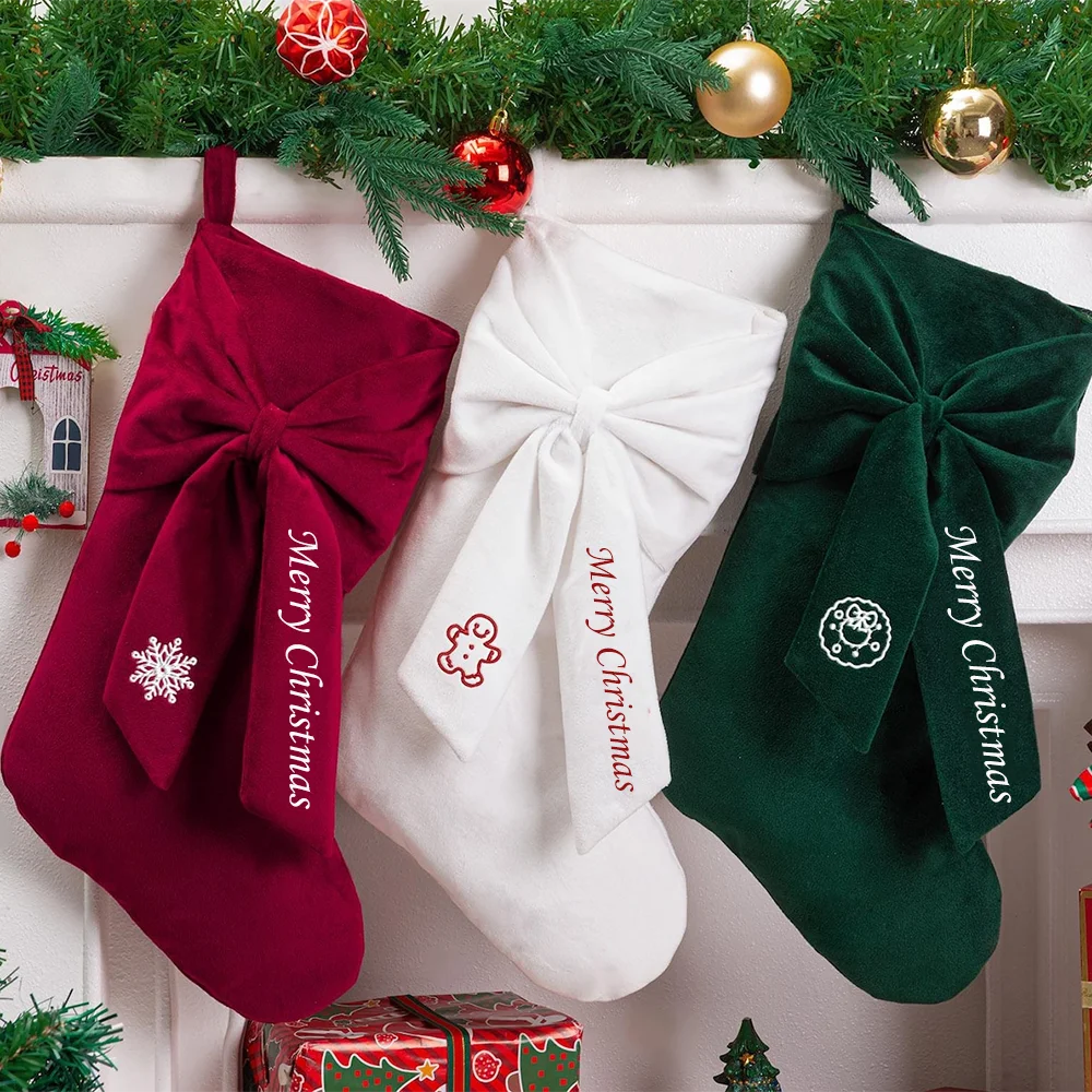 Velvet Bow Christmas Stockings Family Christmas Holiday Stocking for ...