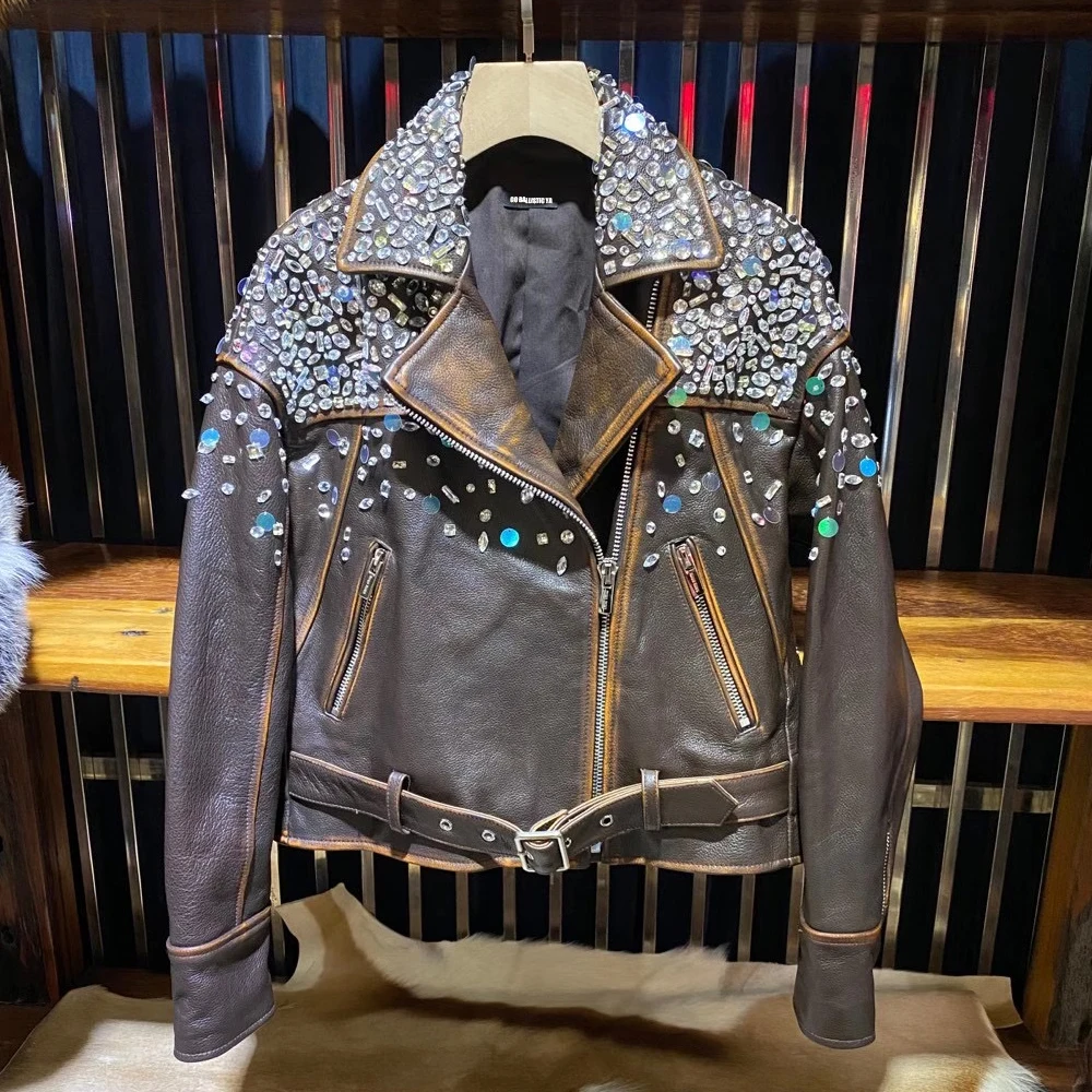 GO BALLISTIC YA 2023 Spring New Leather Jacket With Stone Women Genuine ...