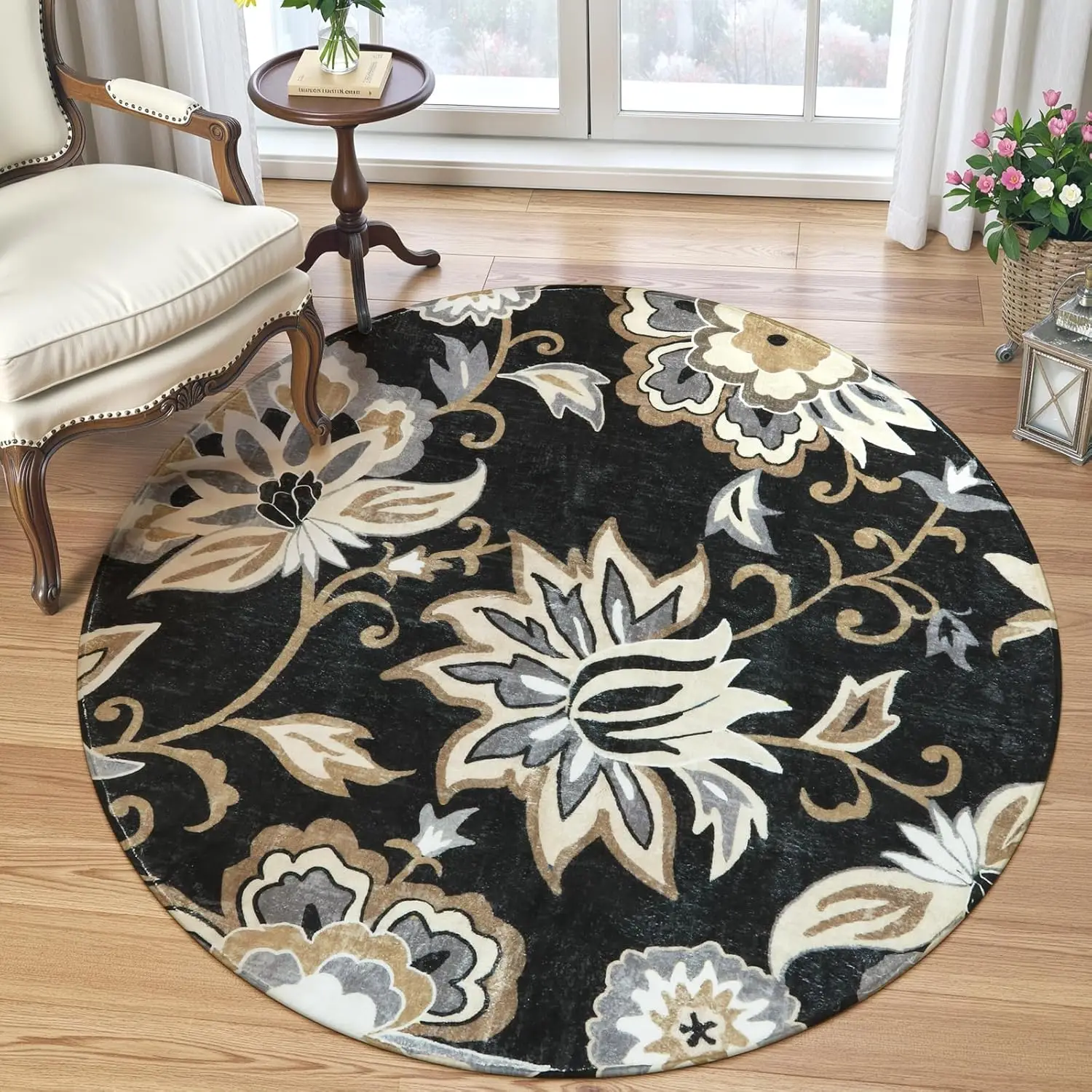 Floral Black Round Rugs Washable Round Area Rug Non-Slip Small Round ...