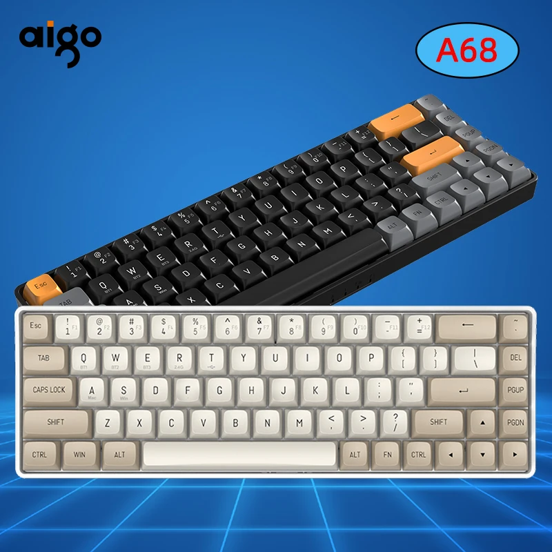 Aigo A68 블루투스 기계식 키보드, 무선 게임용 미니 USB 유선 노란색 스위치, 68 키 게이머 키보드, 컴퓨터 PC용, 2.4G