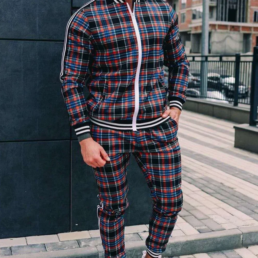 New-Zipper-Set-Colorful-Plaid-Men-Casual-Autumn-Tracksuit-Set-Male ...