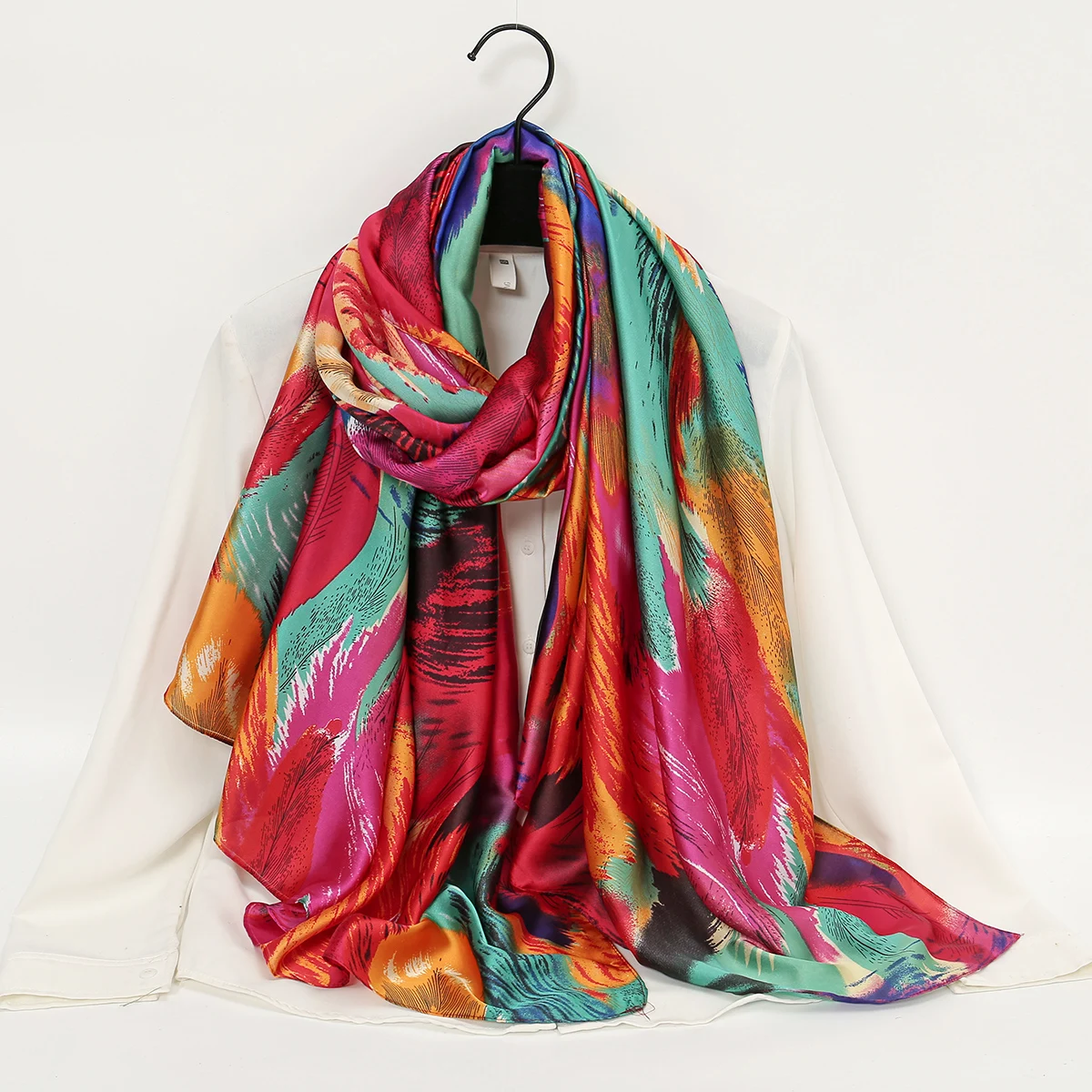 Chal-de-plumas-estampadas-para-mujer-bufanda-de-sat-n-de-seda-de ...