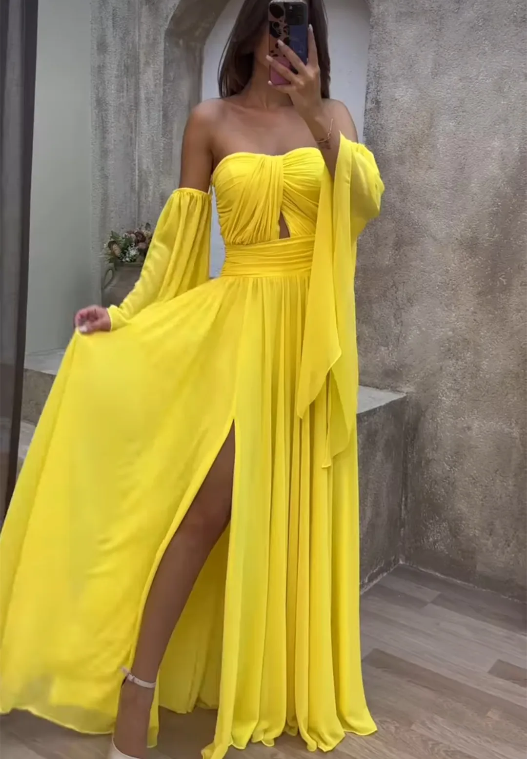 Elegant-Long-Yellow-Sweetheart-Evening-Dresses-A-Line-Chiffon-Pleated ...