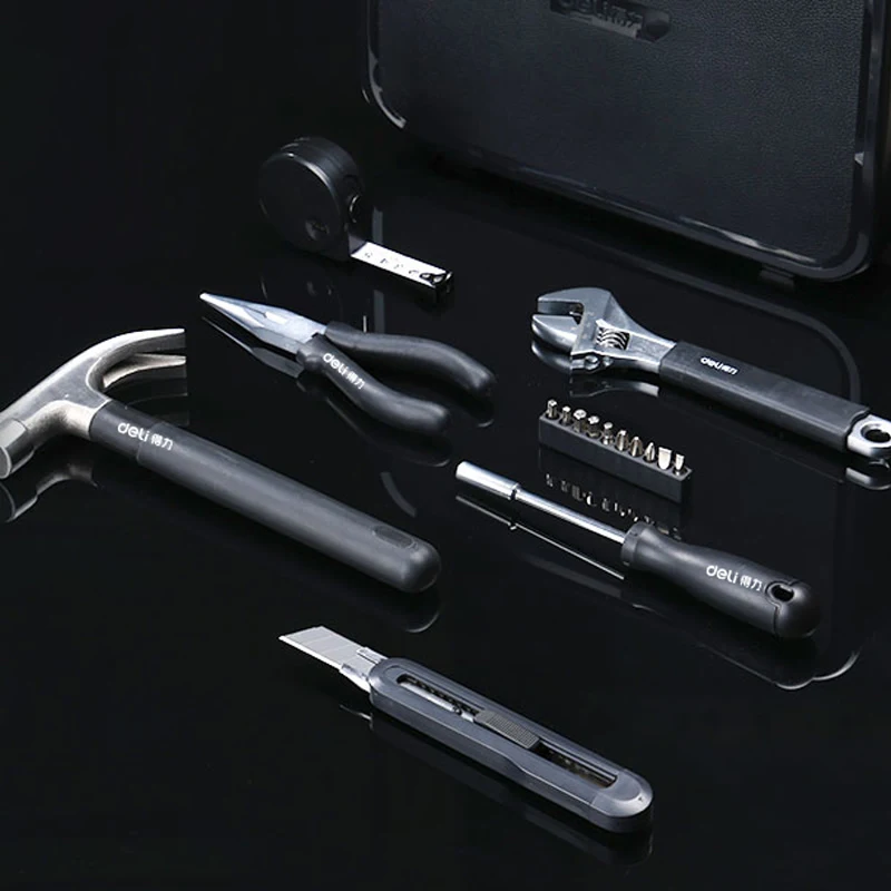 Deli 16 Pcs Hand Tool Set with Box Installation Nail Hammer Tape ...