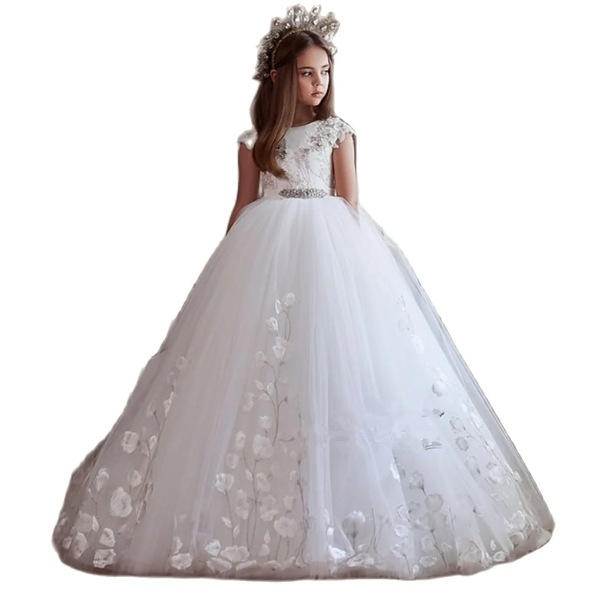 Fluffy Tulle Lace Vertical Stripe Long Sleeveless Flower Princess Dress ...