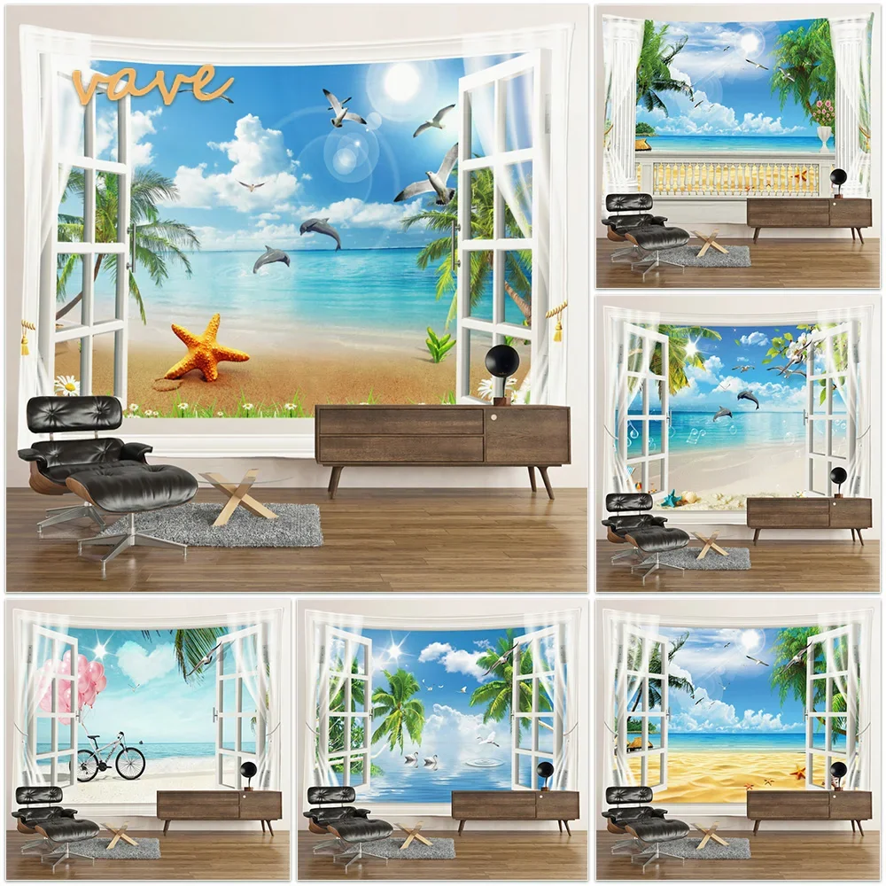 Windows-Tapestry-Wall-Hanging-Boho-Beach-Sunset-Landscape-Palm-Tree ...