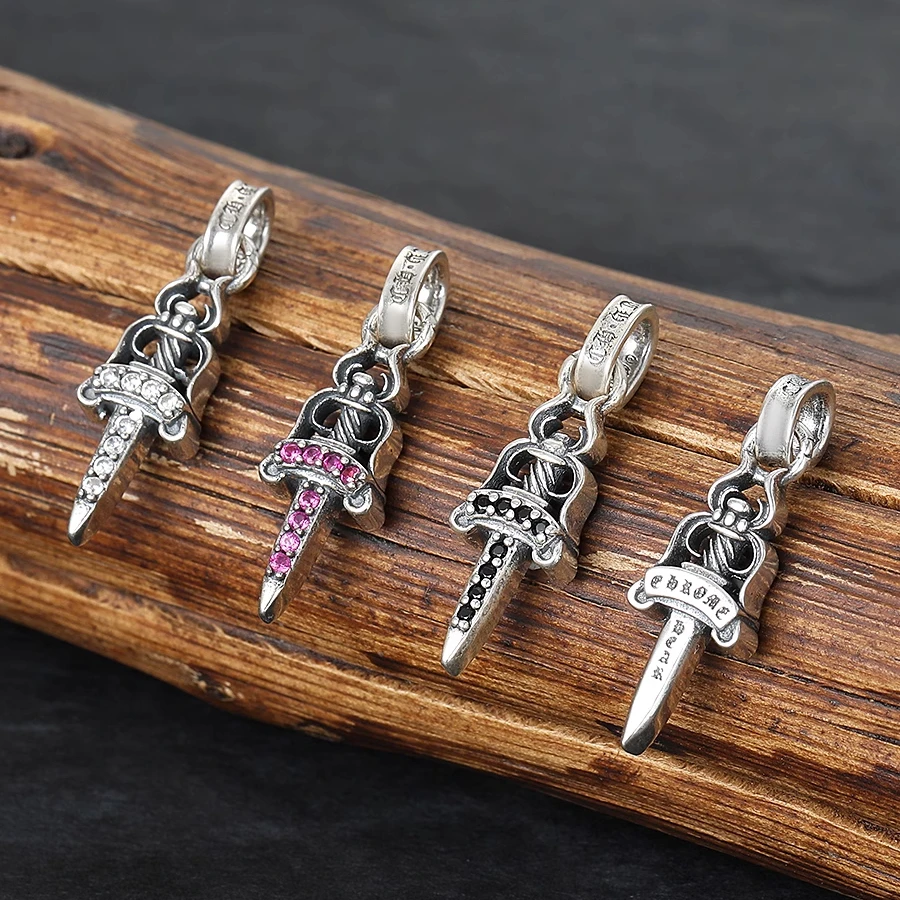Mini sword small pendant female 925 sterling silver diamond color pink ...