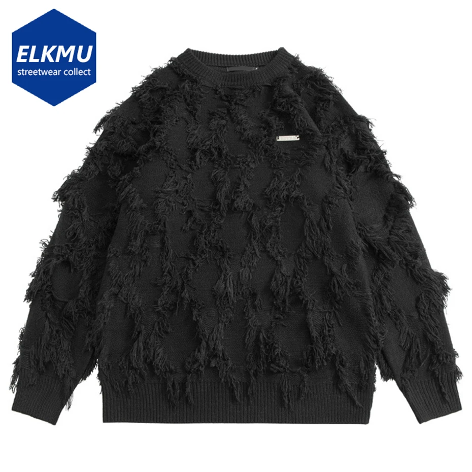 Distressed-Tassel-Sweaters-Men-s-Oversized-Streetwear-Sweaters-Black ...