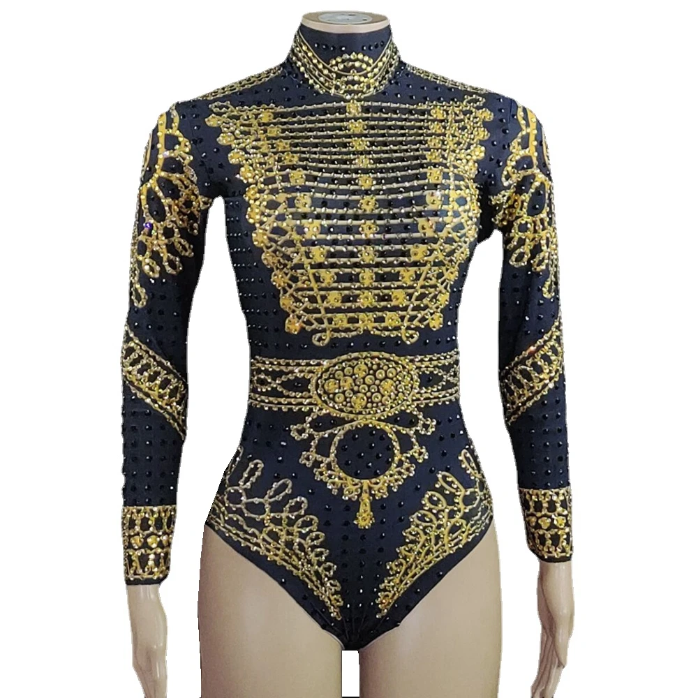 Sparkly Gold Black Rhinestones Leotard Long Sleeve Female Performance ...