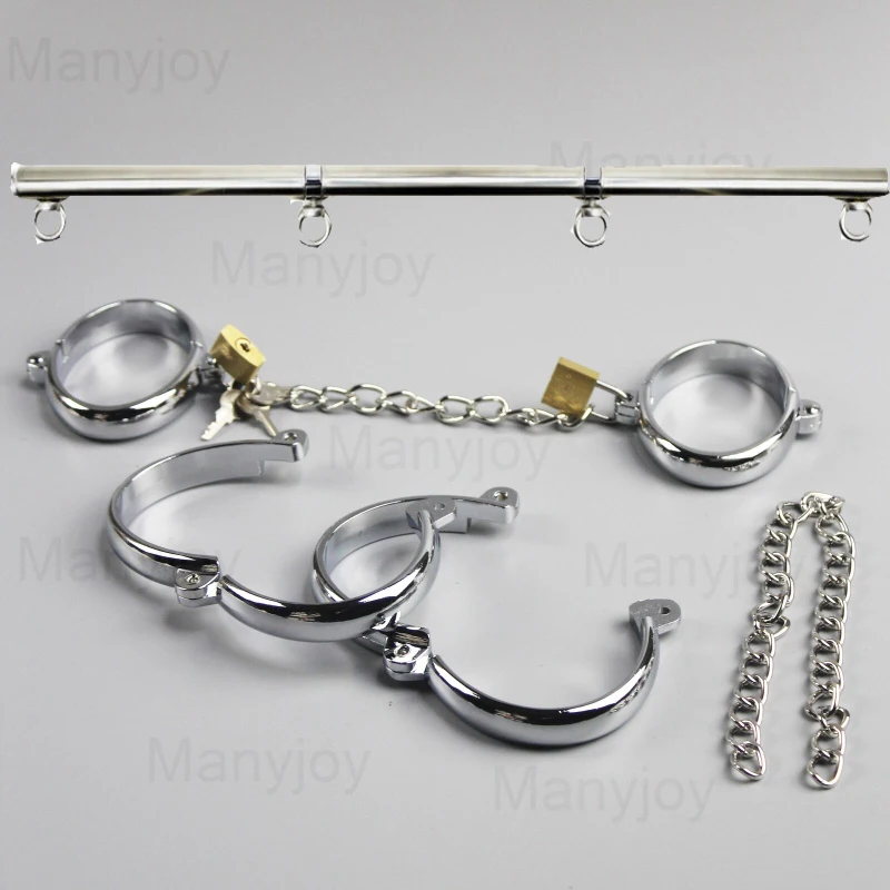 Metal-Steel-Handcuffs-Wrist-Ankle-Cuffs-with-Chain-and-Lock-Spreader-Bar-BDSM-Restraints-Adult ...