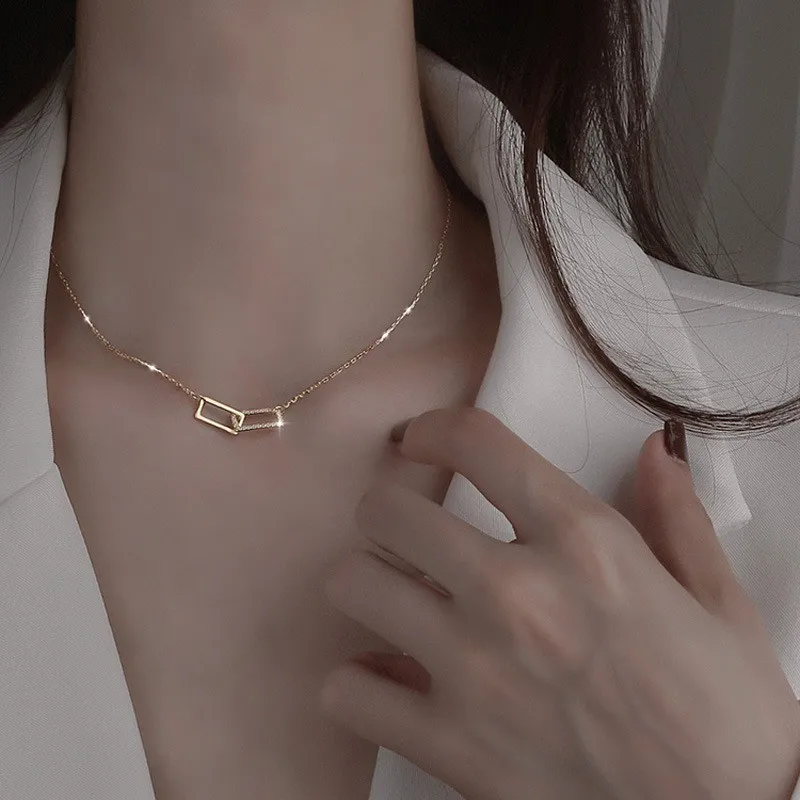 Dincior Exquisite Crystal Hollow Double Square Necklace Pendant Clavicle Chain Korean Choker Ins ...