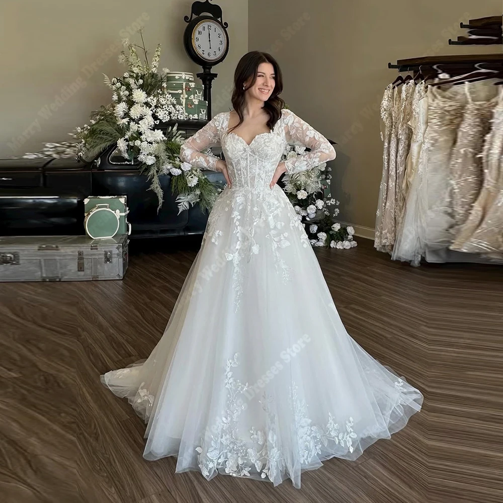 Sweetheart Collar A-Line Women Wedding Dresses Elegant Lace Appliques ...