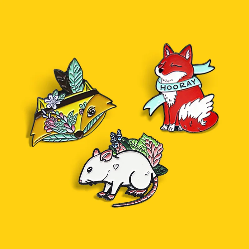 Cartoon-Animal-Enamel-Pins-Custom-White-Rat-Red-Fox-Banner-HOORAY-Plant ...