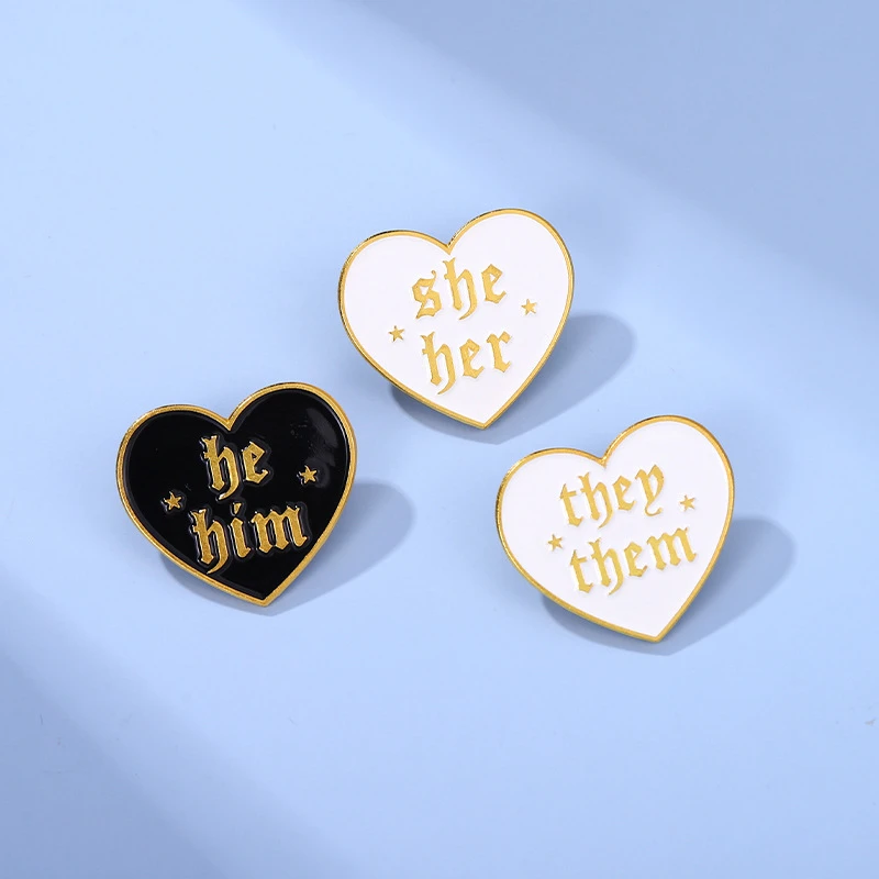 Heart Shape Pronouns Enamel Pins Custom He Him She Her They Them Brooches Lapel Badges Simple ...