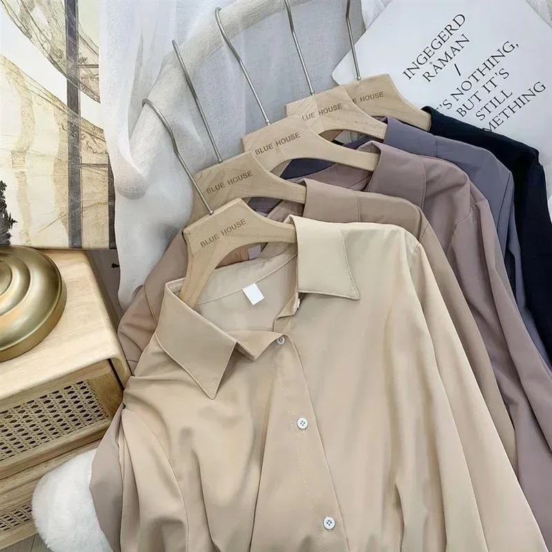 Solid-Color-Shirt-Women-s-Morandi-Long-Sleeves-Temperatement-All-match ...