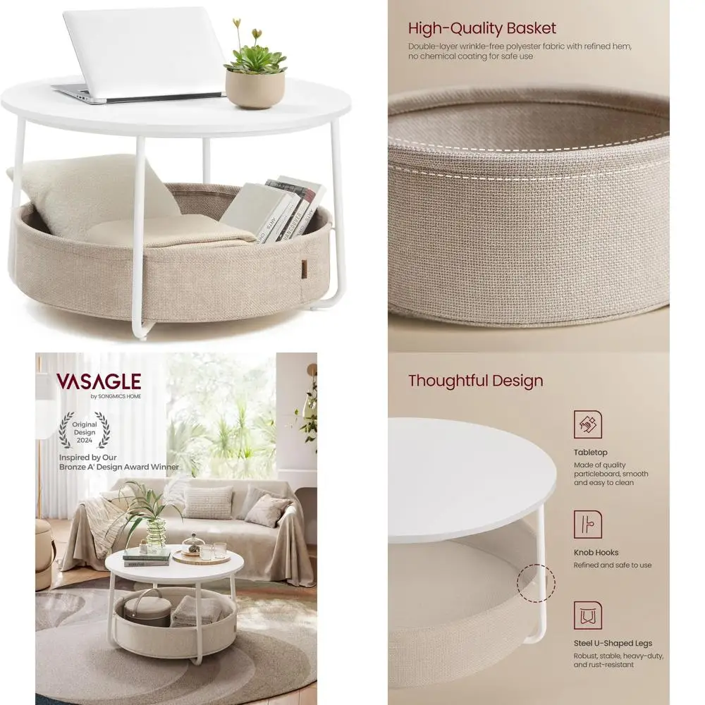 Modern Storage Coffee Table, Round Living Room Centerpiece with Fabric ...