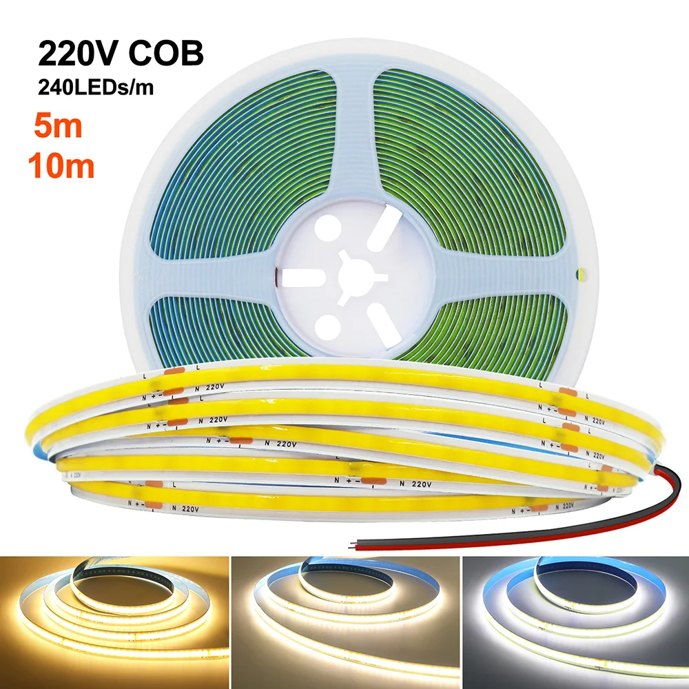 5m-10m-Cob-Led-Strip-Light-220v-230V-AC-240LED-m-Flexible-Tape-Lights ...
