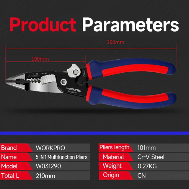 Workpro 5 in 1 Electrician Pliers 다기능 범용 대각선 바늘 코 펜치 하드웨어 손 도구 범용 와이어 커터