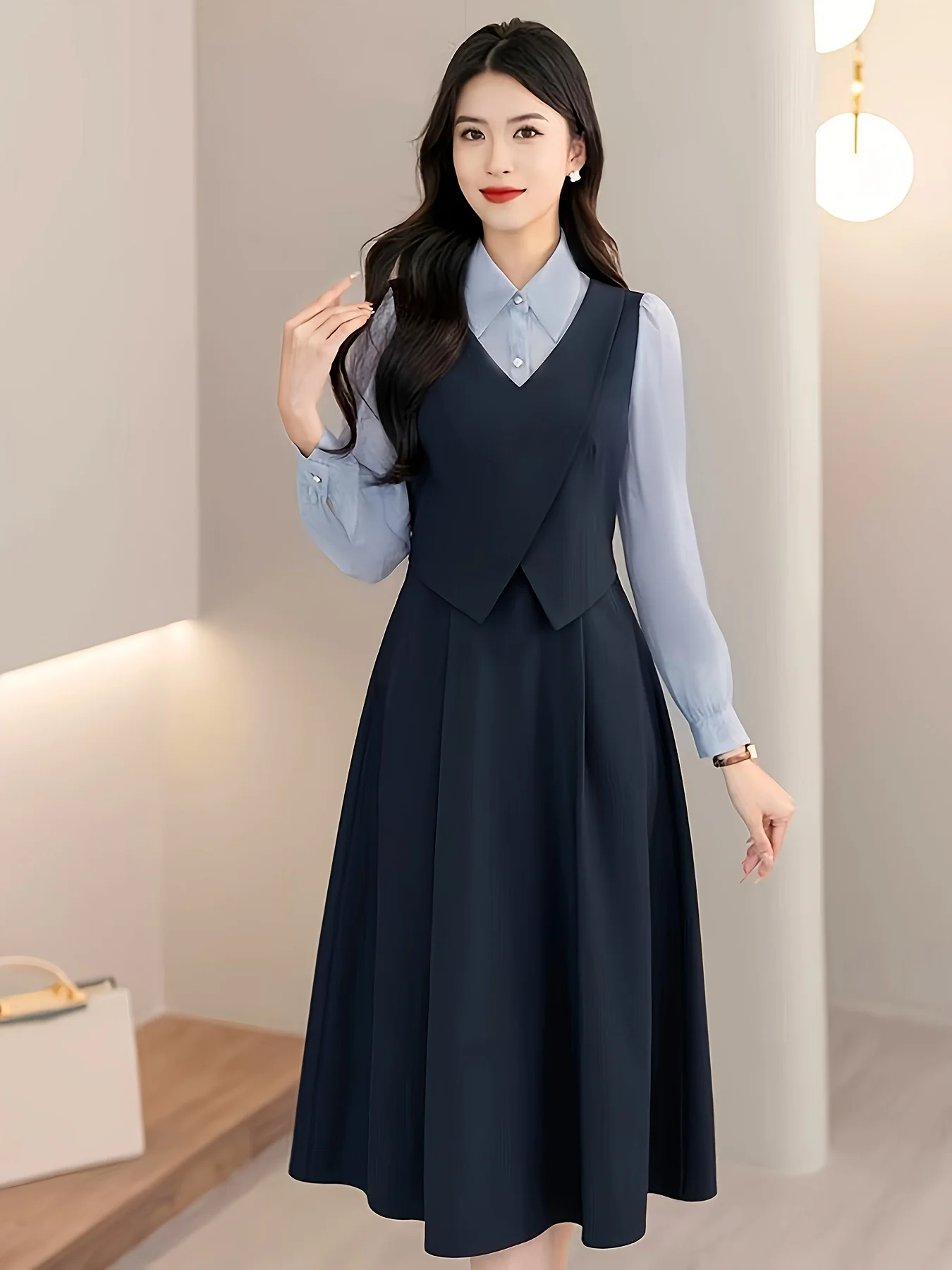 Elegant Two-Tone Panel Dress 2025 Spring Autumn Women's Slim Fit Long ...