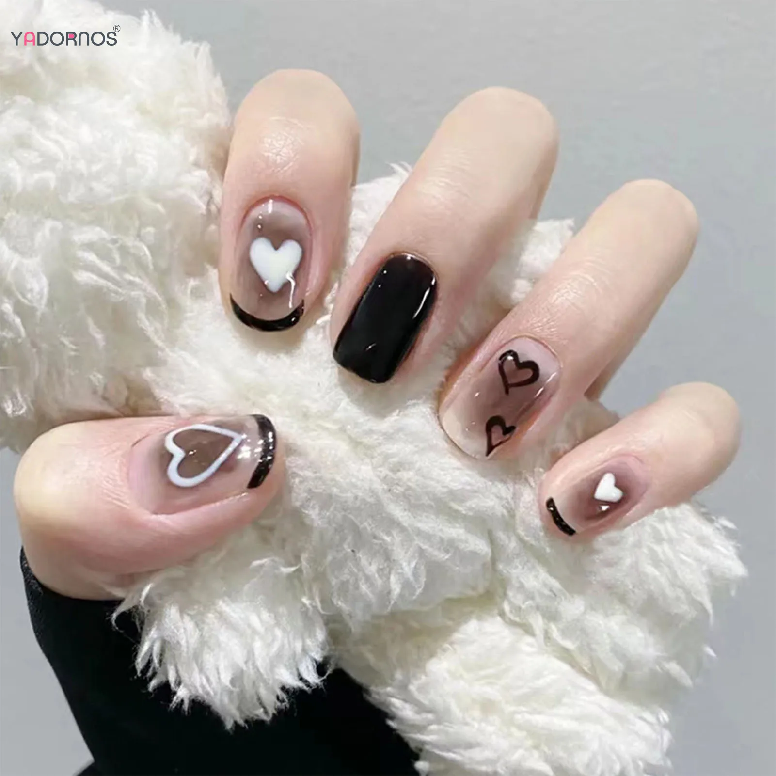 Heart-Pattern-False-Nails-Short-Long-Press-on-Nails-Full-Cover-Sweet ...