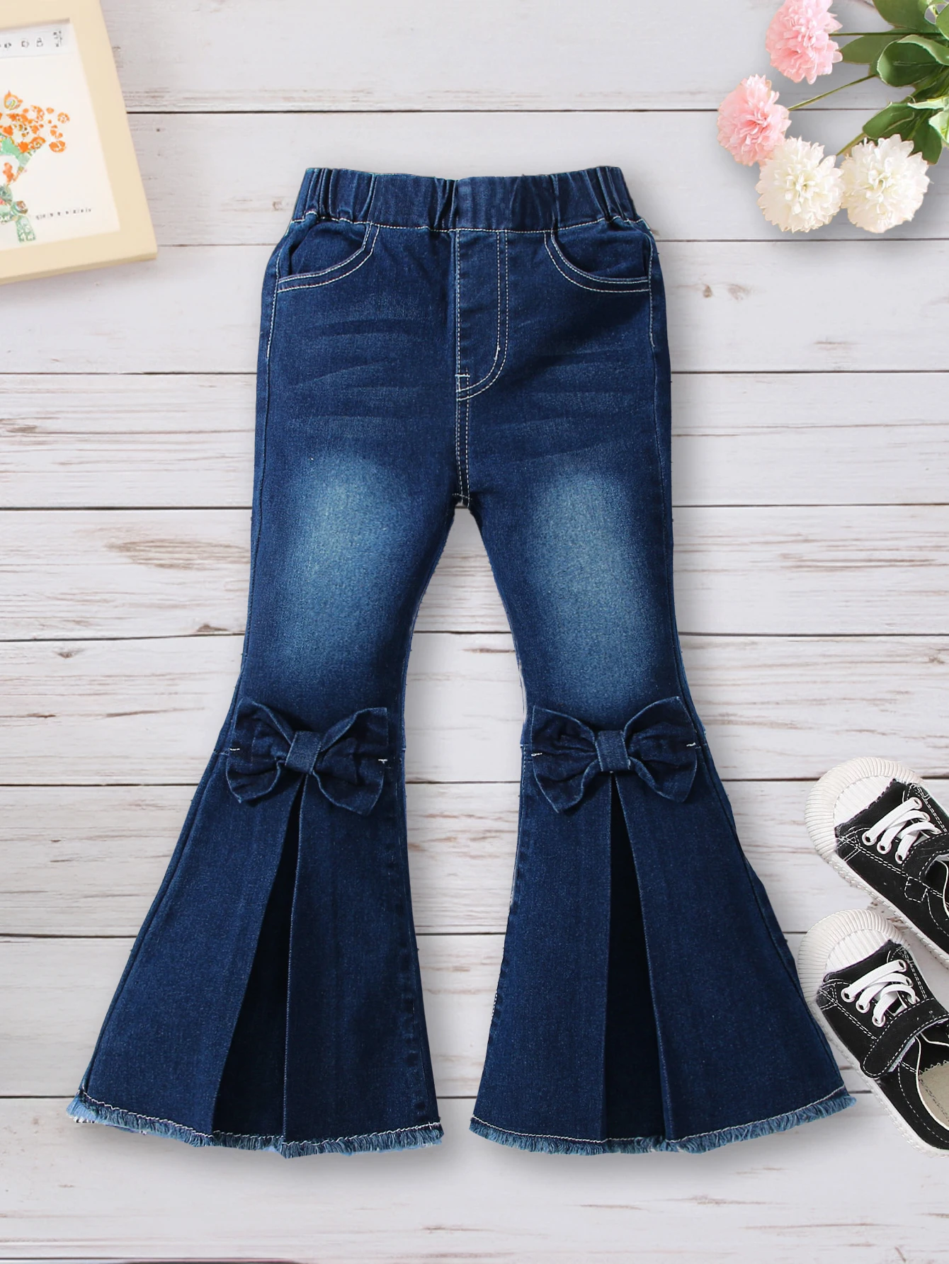 Girls-Solid-Flared-Denim-Pants-With-Bow-Tie-Regular-Fit-Casual-Jeans ...