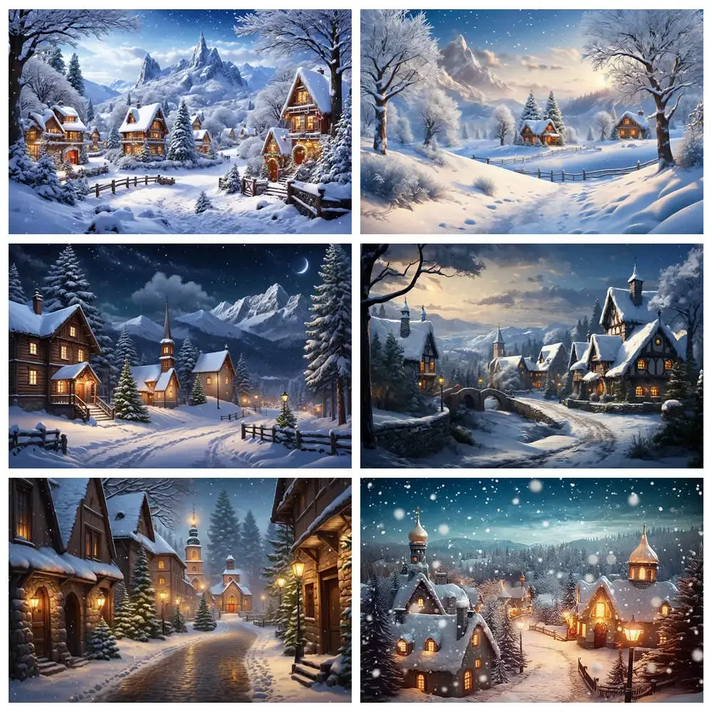 MOON.QG Winter Decorations Snow Mountain Town Backdrop Christmas Village Decor Photo Studio ...
