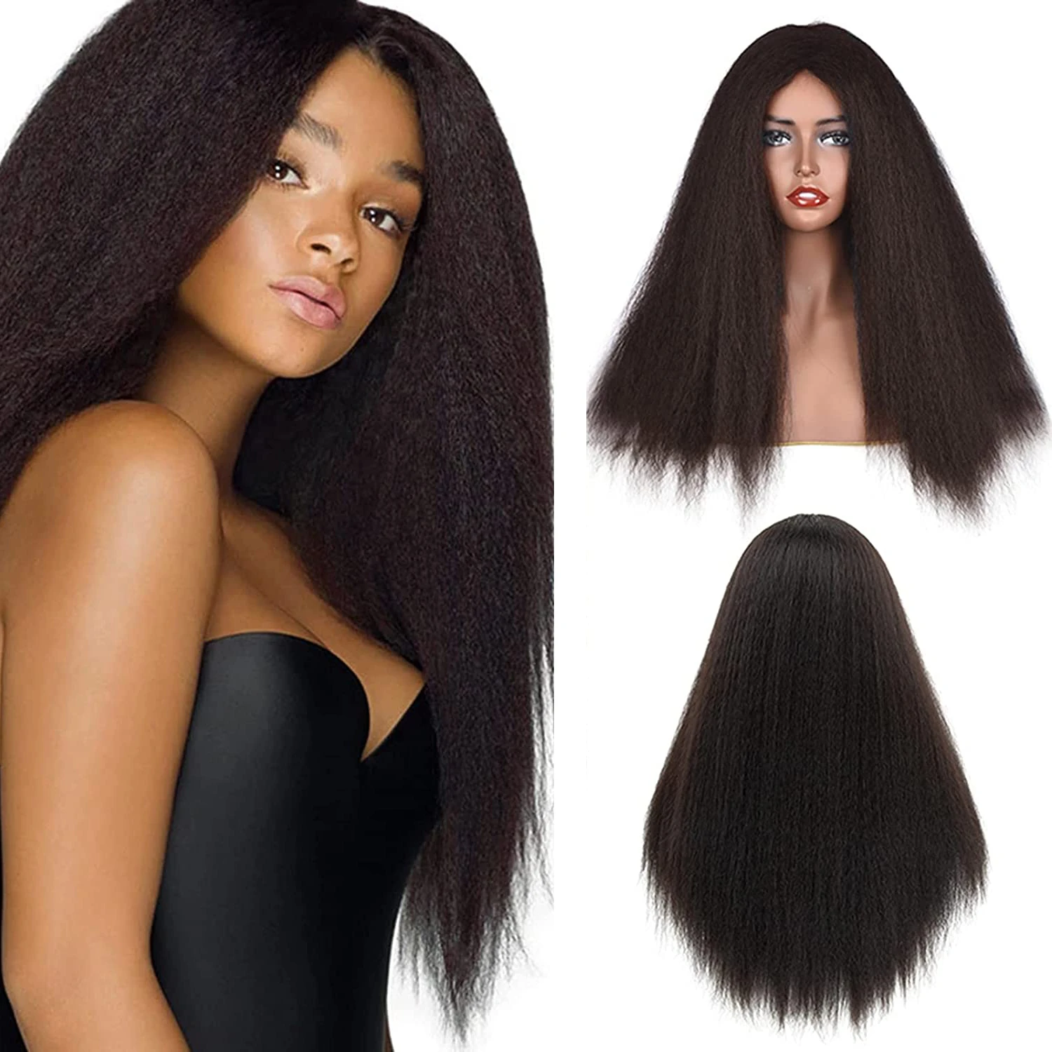 18 28Inchs Synthetic Middle Part Wigs Long Brown Color Kinky Straight ...