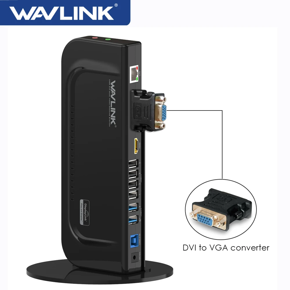 Wavlink USB 3.0 범용 듀얼 디스플레이 도킹 스테이션, 기가비트 이더넷, HDMI, DVI, VGA 오디오 출력 ...