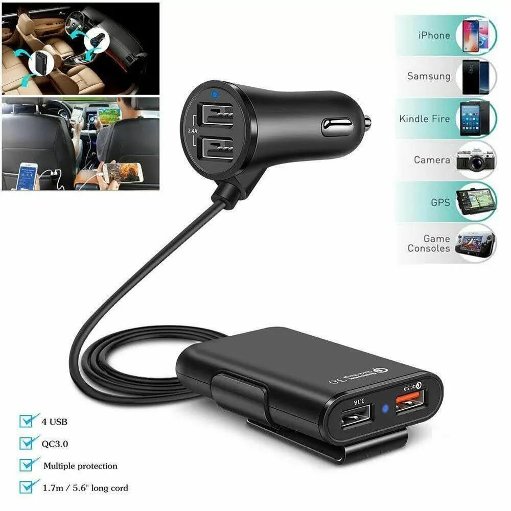 Car Charger 4 Port USB Hub Extending 1.7m/5.6ft Extension Cable ...