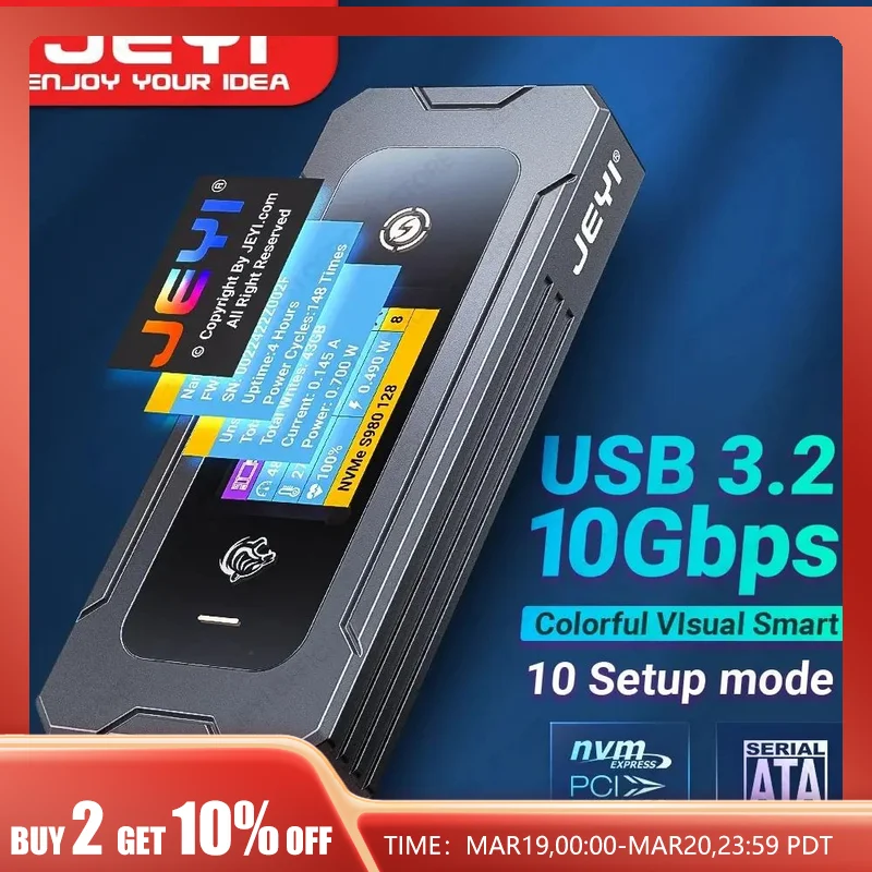 JEYI Visual Smart M.2 NVMe / SATA SSD Enclosure, USB 3.2 10Gbps 10 Set ...