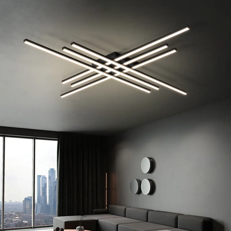 Modern-Minimalist-Line-Ceiling-Lamp-Black-Chandelier-Lights-Living-Room ...