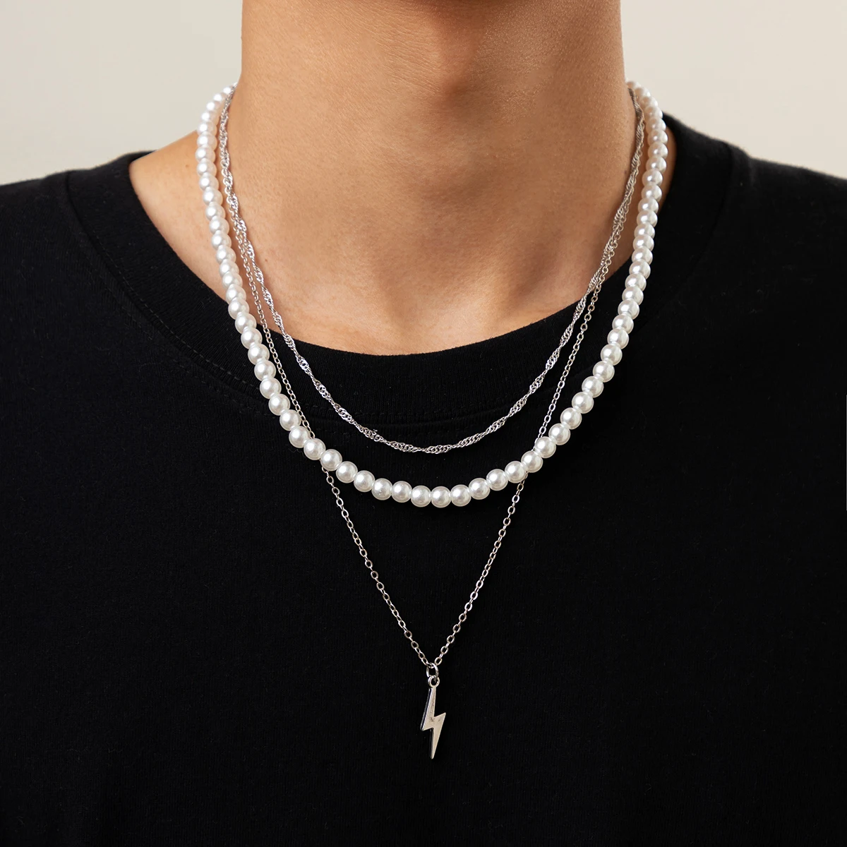 Layered-Chains-with-Lightning-Pendant-Necklace-Men-Trendy-Imitation ...